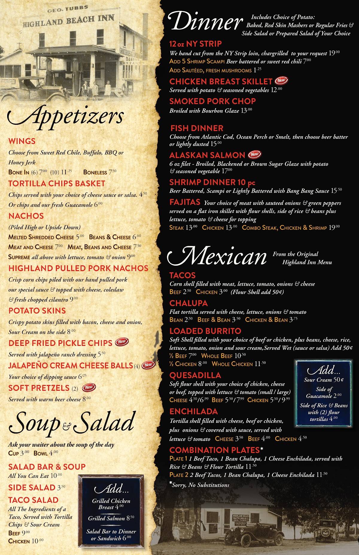 Menu at Highland Inn pub & bar, Manitou Beach-Devils Lake