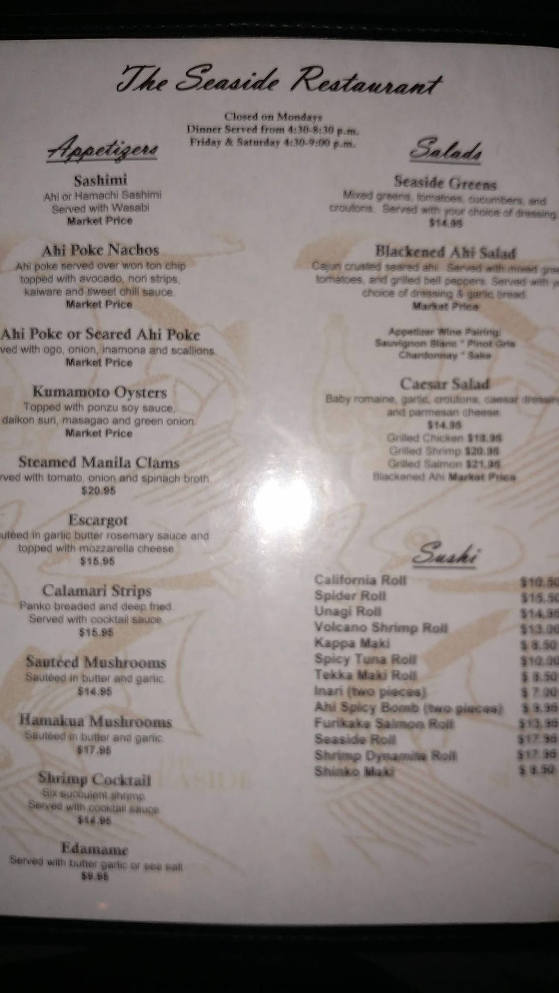 Menu at The Seaside Restaurant and Aqua Farm, Hilo