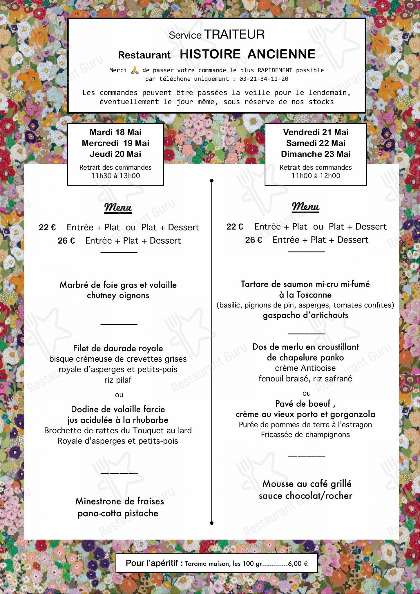 Menu au Restaurant Histoire Ancienne Calais, Calais