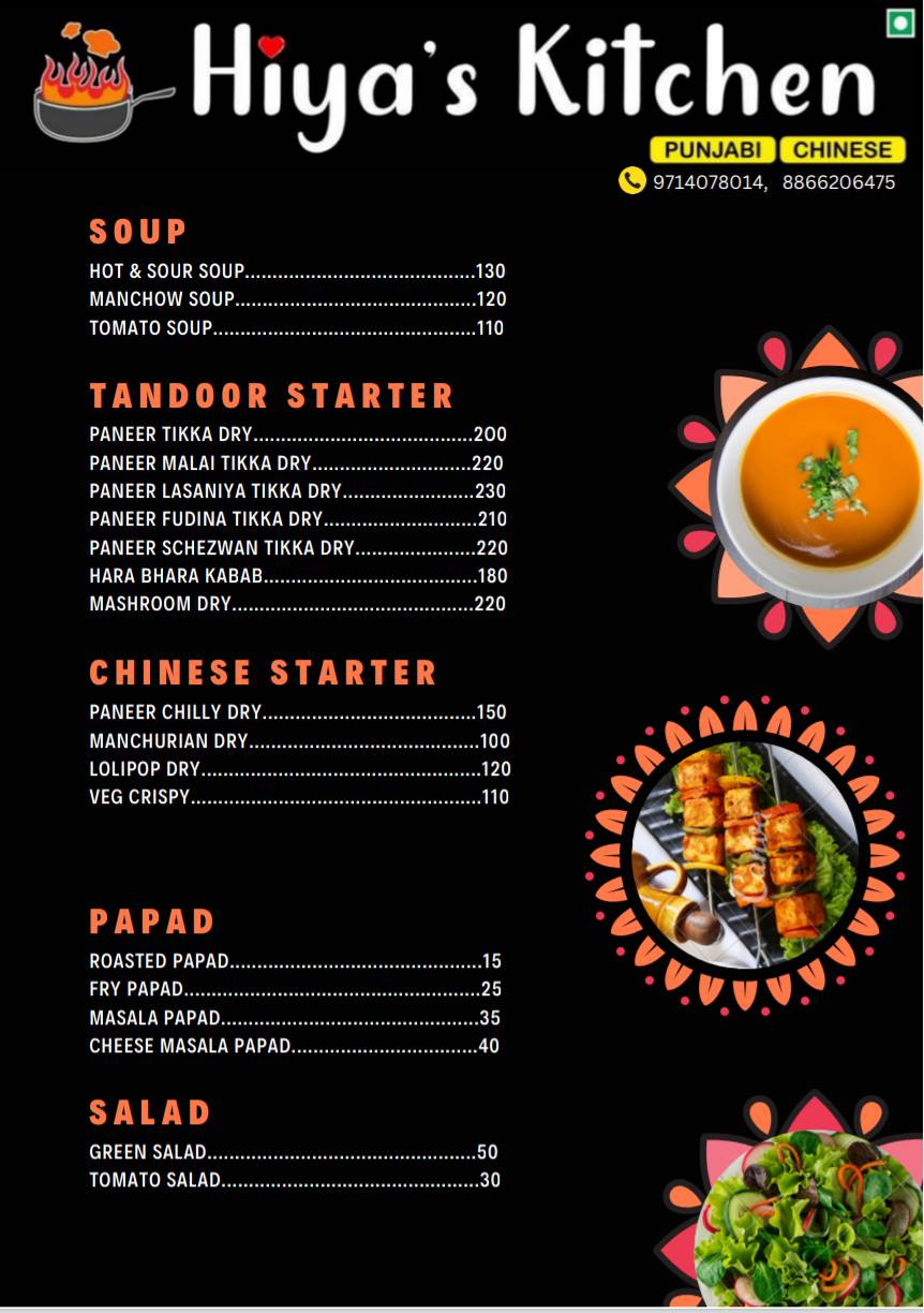 Menu at Hiya's kitchen (Punjabi & chinese restaurant), Vadodara