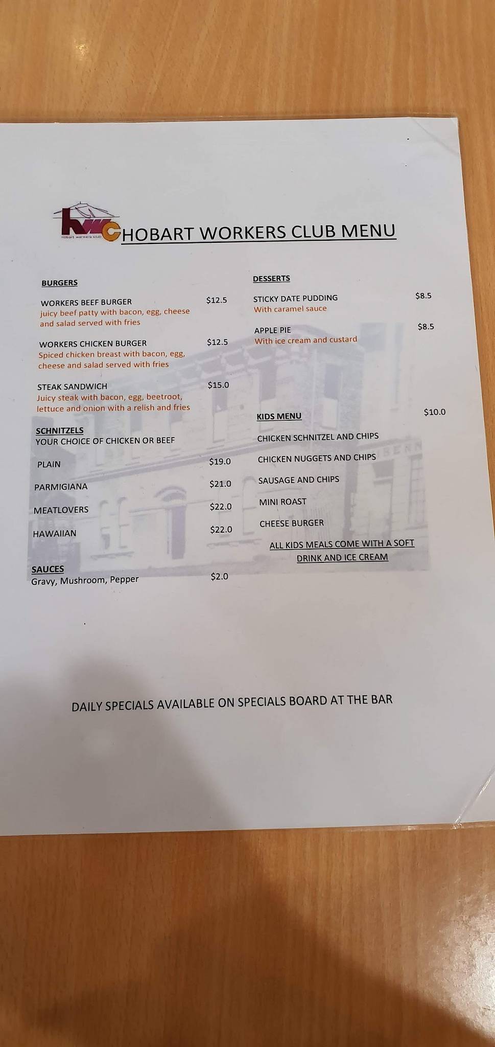 Menu at Hobart Workers Club, Hobart