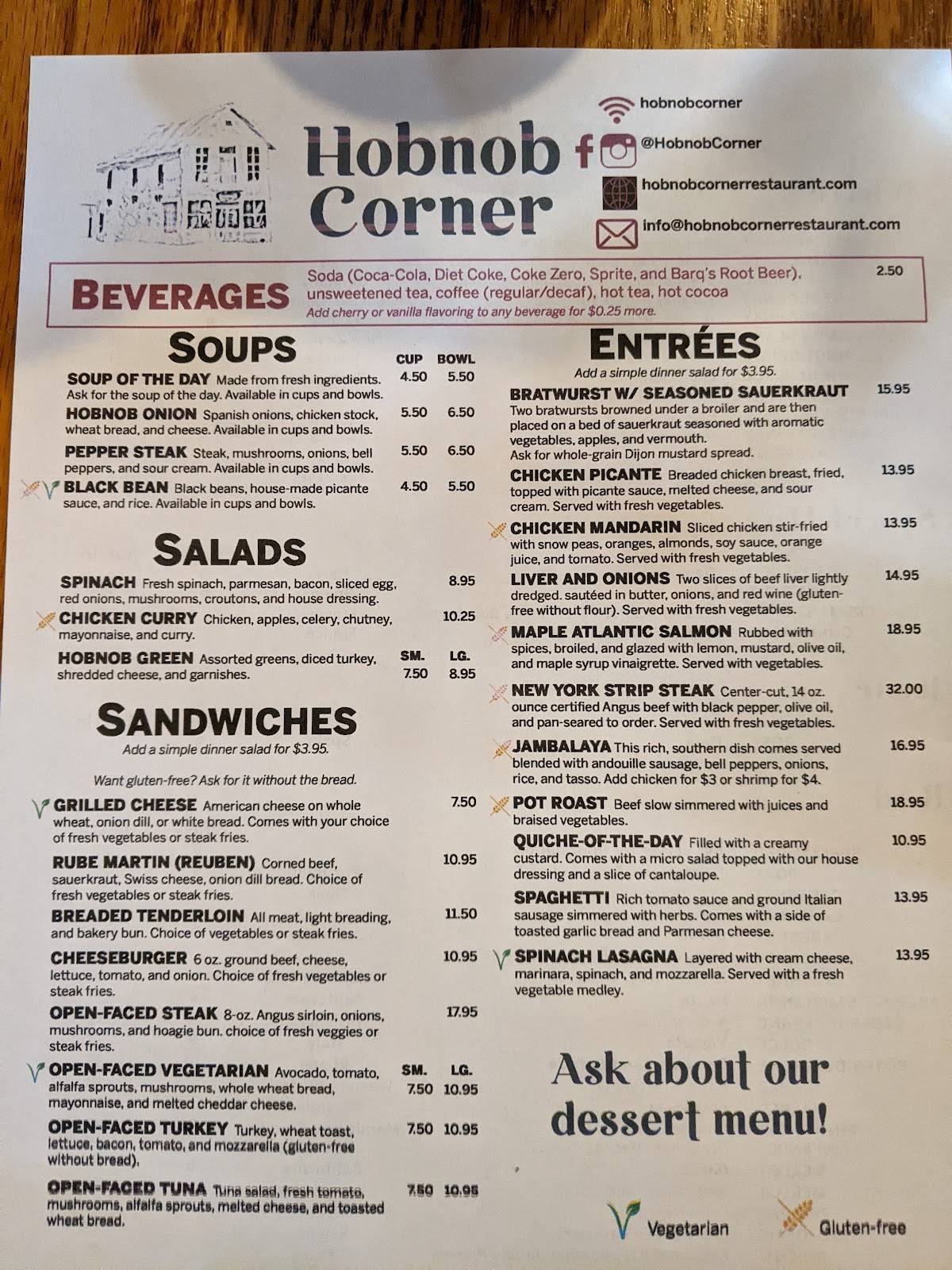 Menu at Hobnob Corner restaurant, Nashville, 17 W Main St