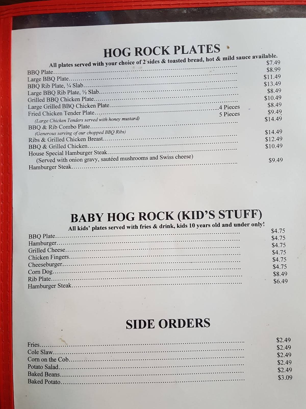 Menu at Hog Rock Bar-B-Q, Wetumpka