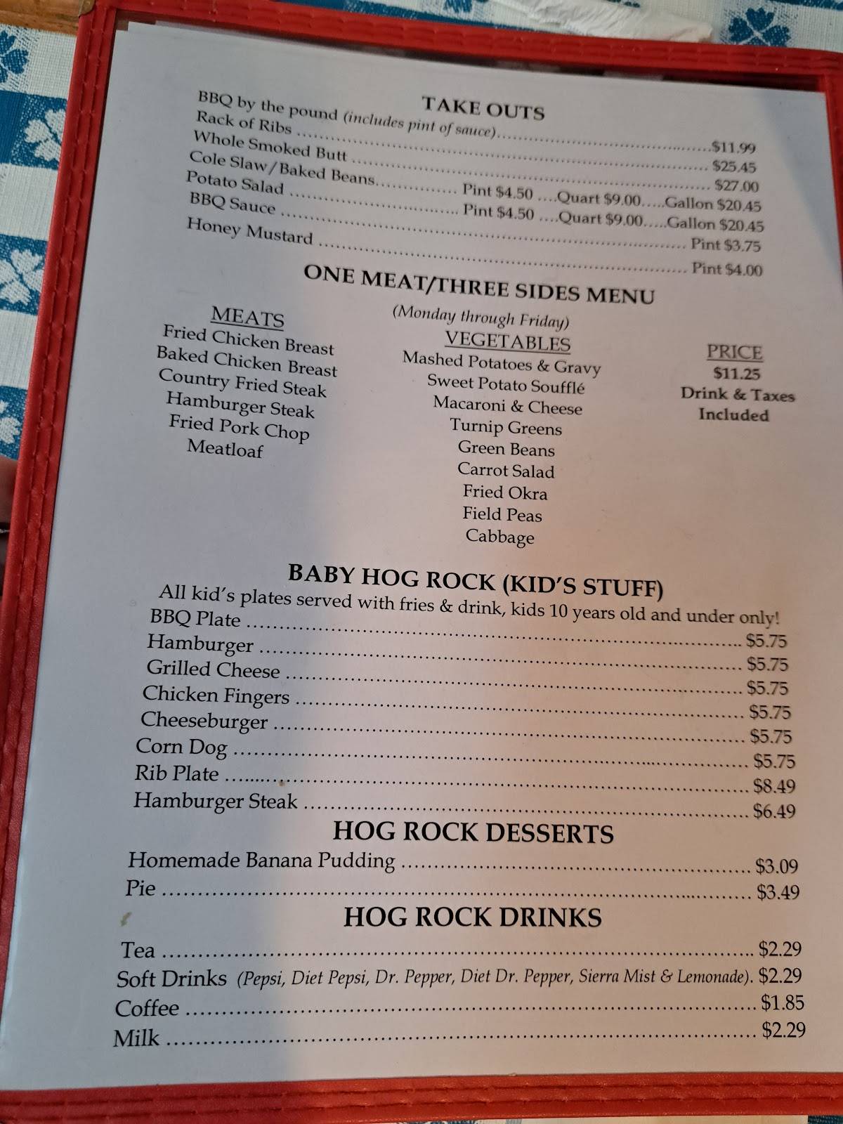 Menu at Hog Rock Bar-B-Q, Wetumpka