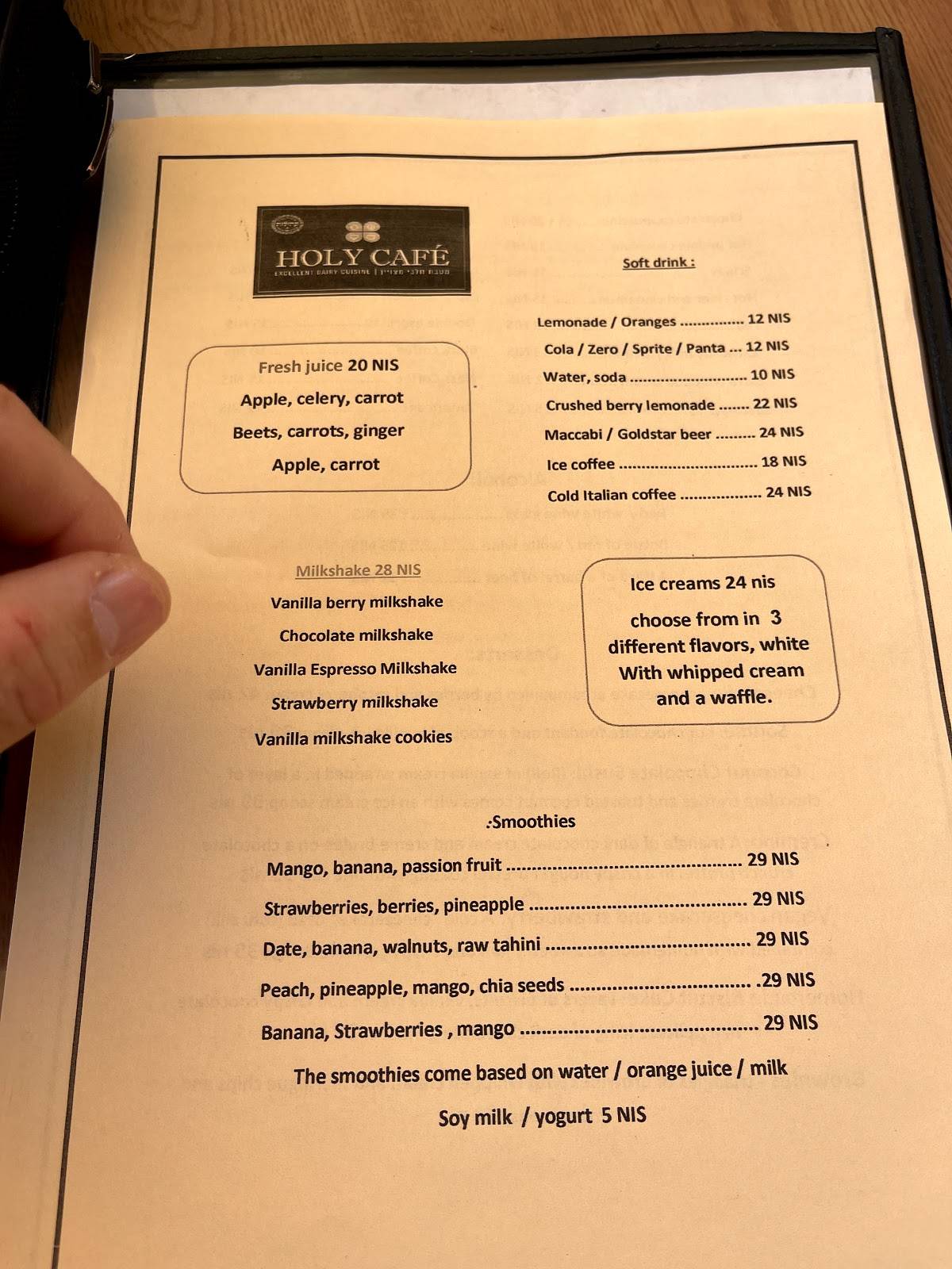 Menu at Holy Cafe, Jerusalem, Tif'eret Israel St 16