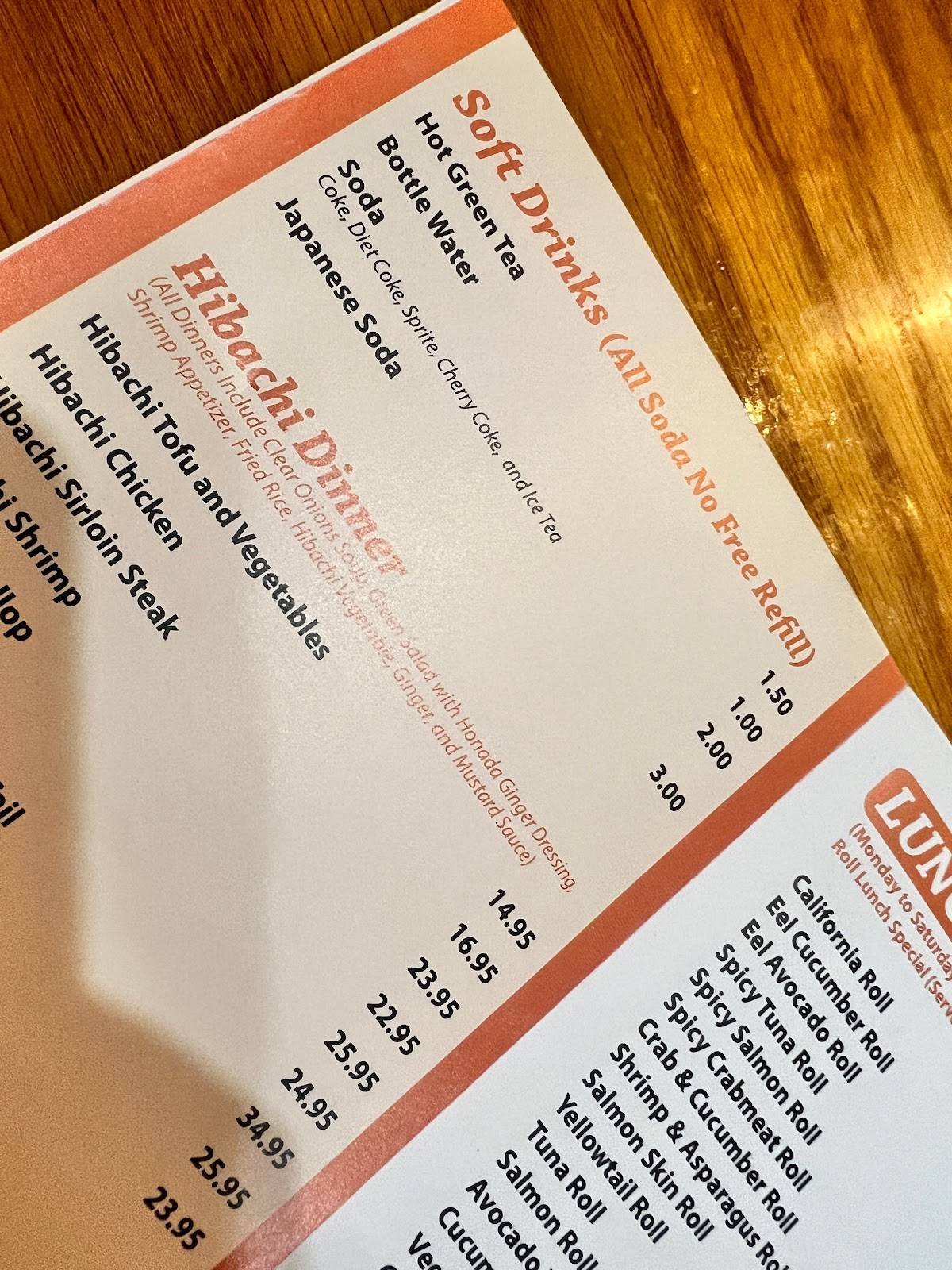 Menu at Honada Sushi & Hibachi restaurant, Kenosha