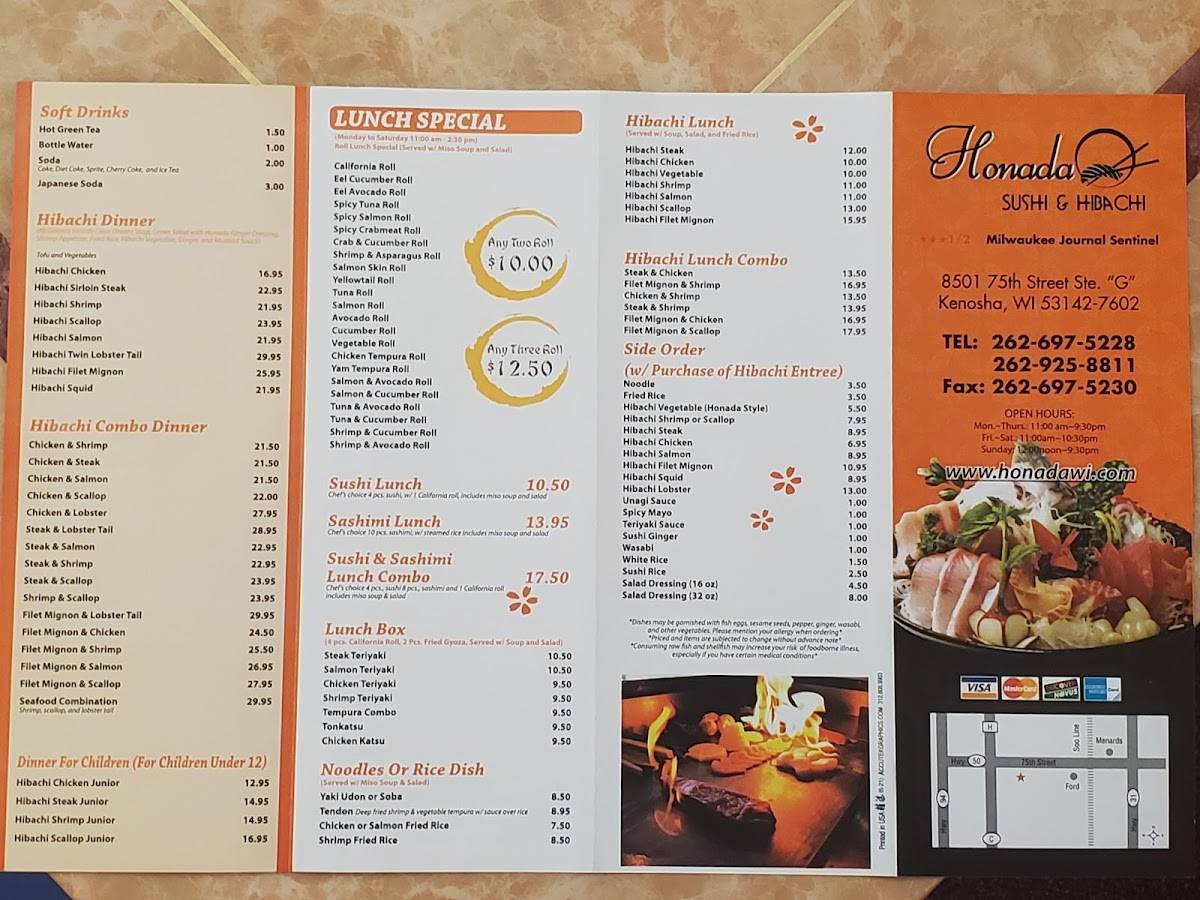 Menu at Honada Sushi & Hibachi restaurant, Kenosha