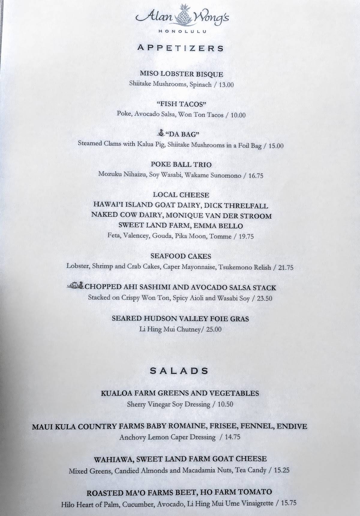 Menu at Alan Wong's Honolulu restaurant, Honolulu