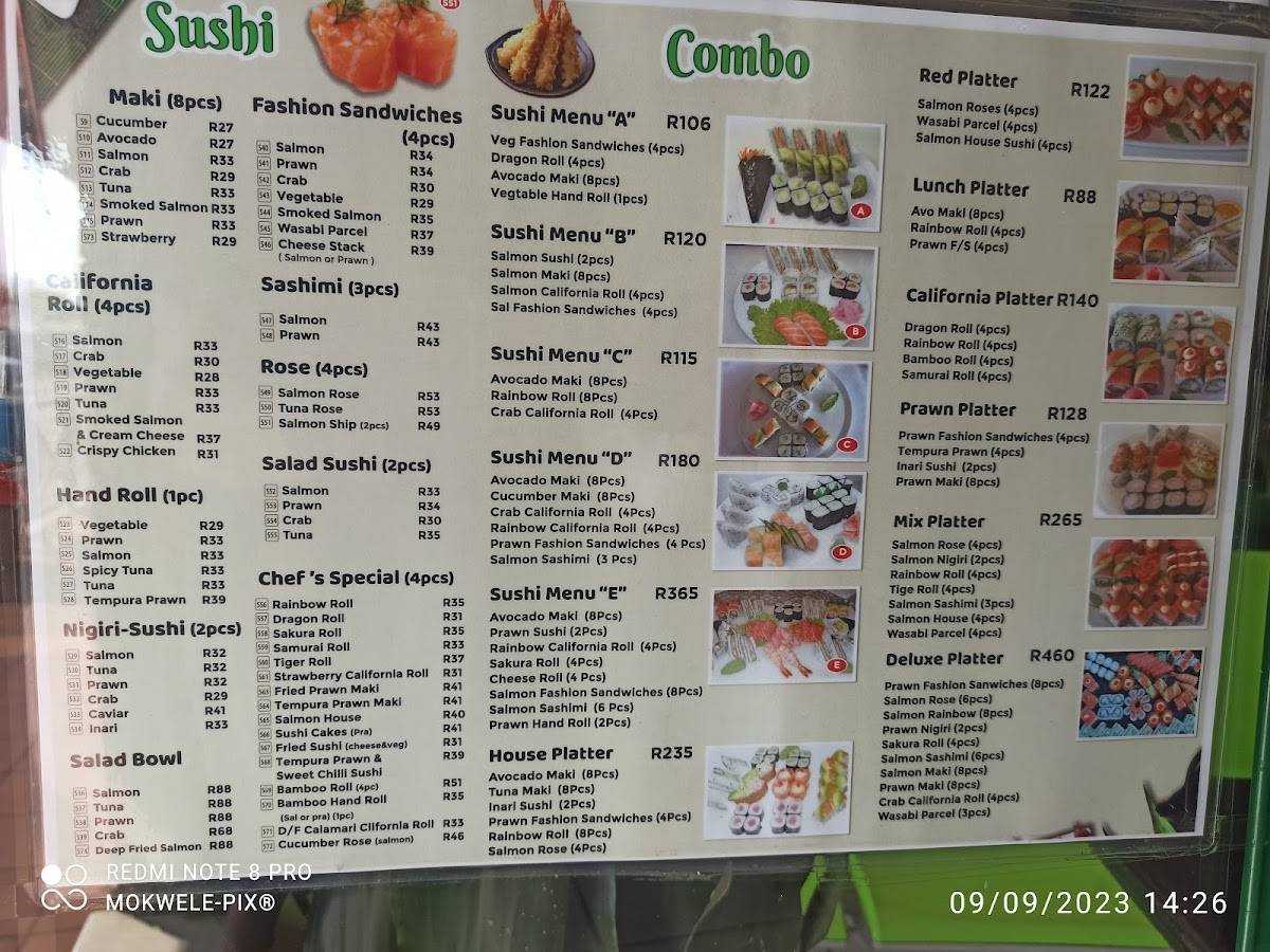 Menu at Hoshii Wonderboom South restaurant, Pretoria