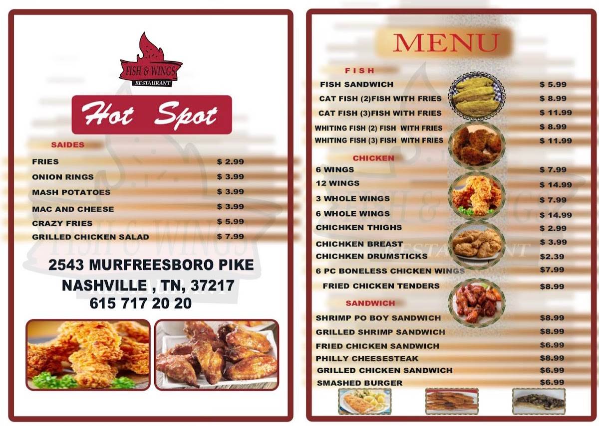 Menu at HotSpot Fish and Wings restaurant, Nashville
