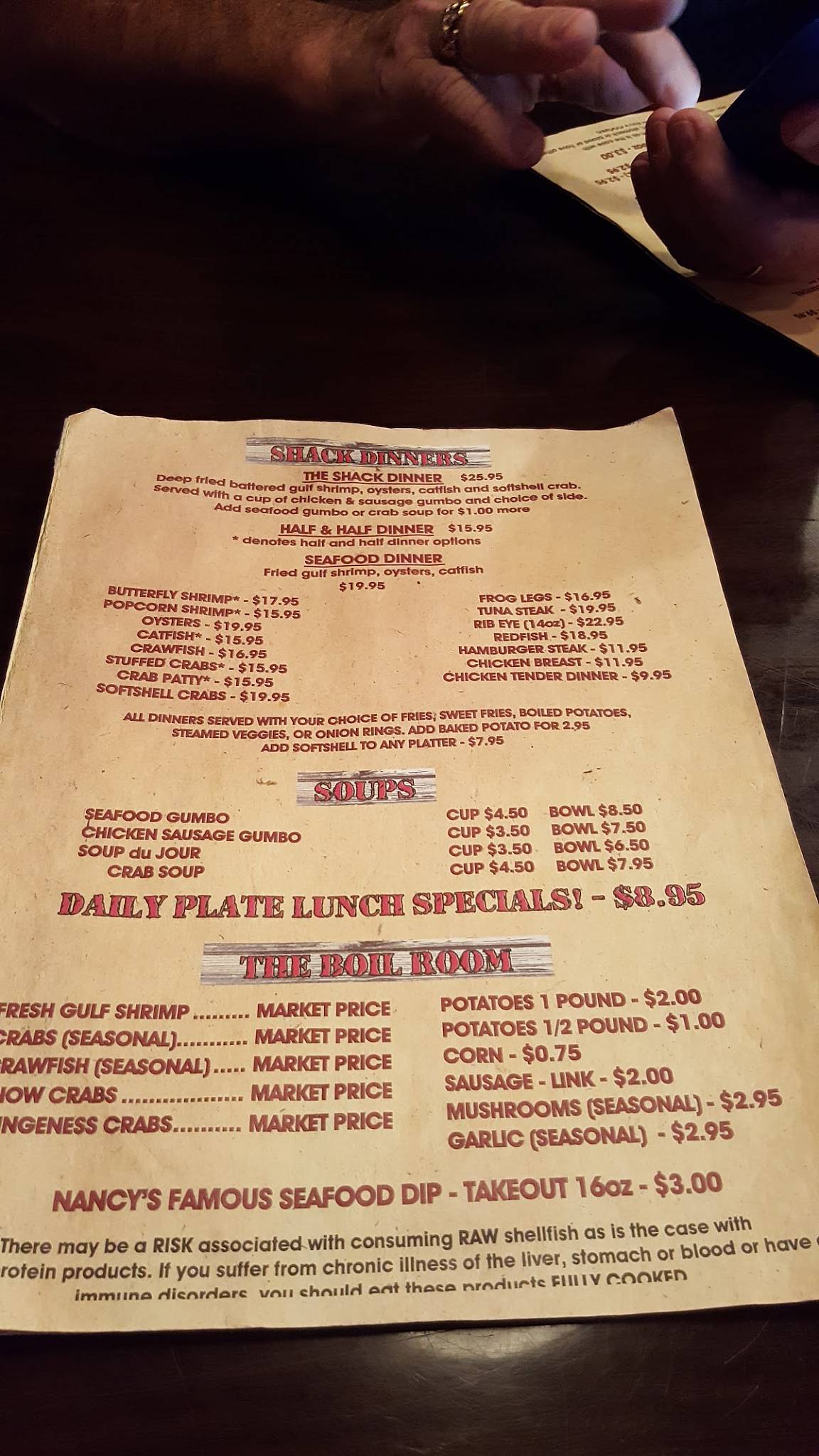 Menu at The Shack restaurant, Houma