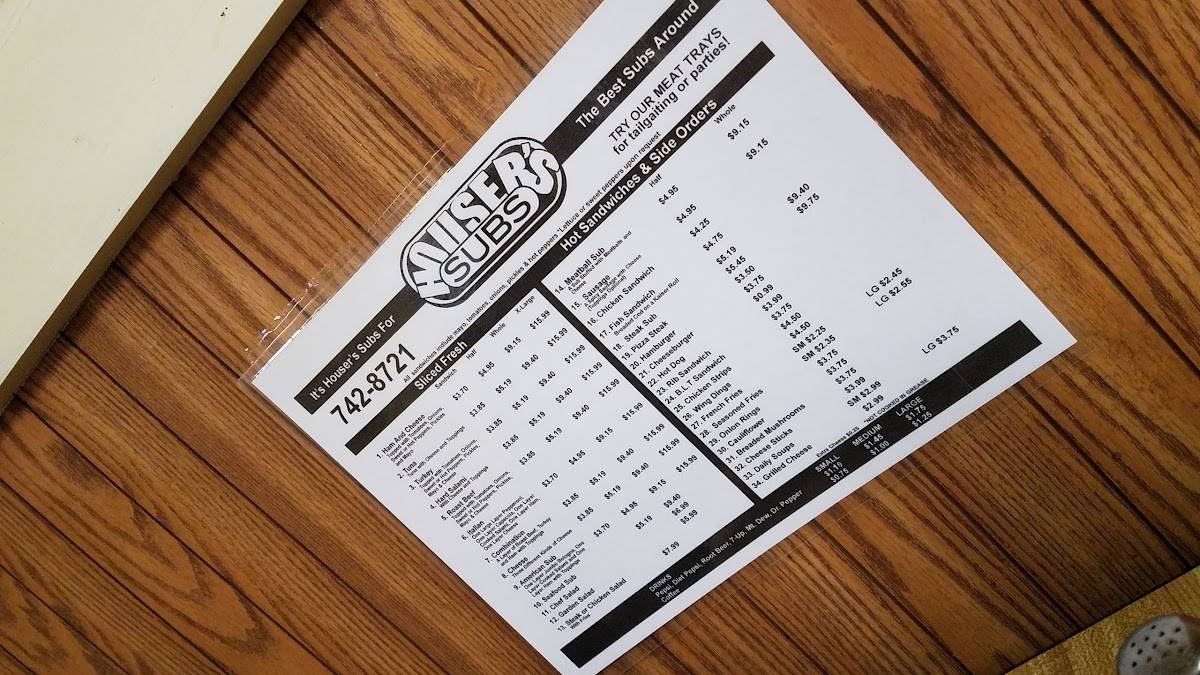 Menu at Houser Subs restaurant, Bellwood