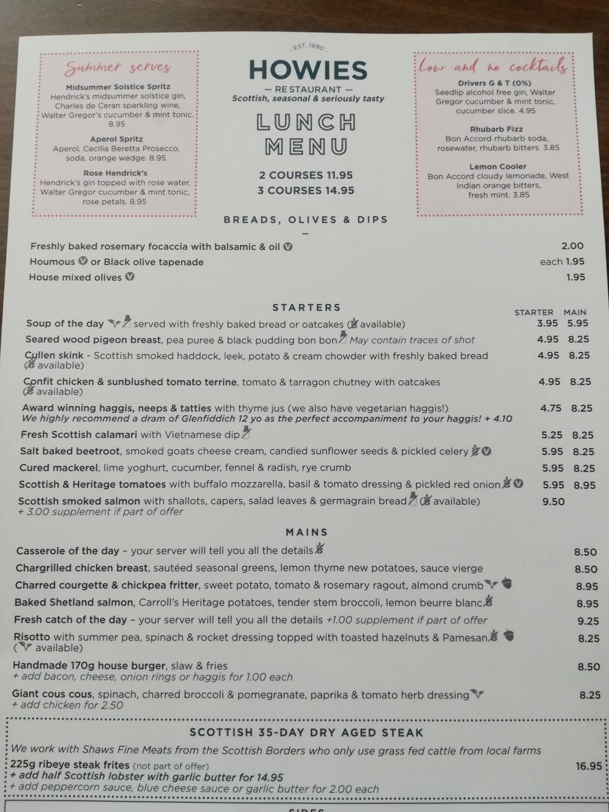 Menu at Howies Restaurant Waterloo Place, Edinburgh, Waterloo Place
