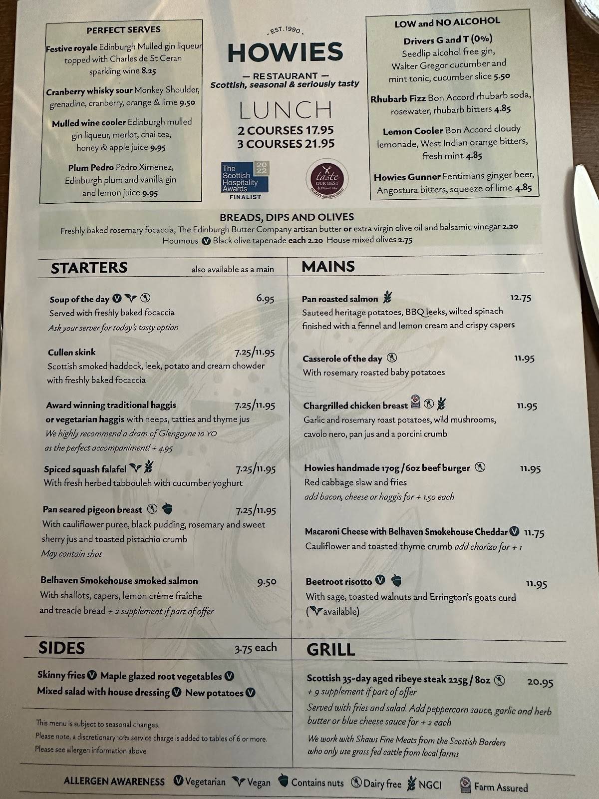 Menu at Howies Restaurant Waterloo Place, Edinburgh, Waterloo Place