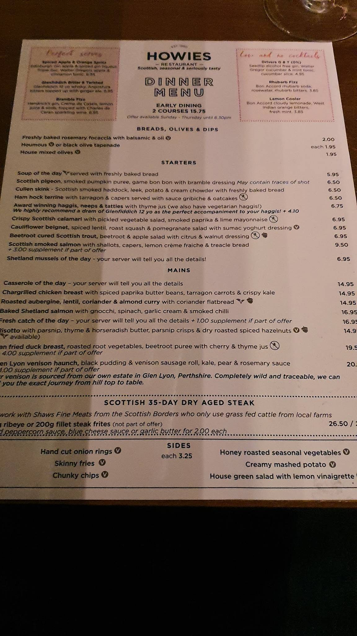 Menu at Howies Restaurant Waterloo Place, Edinburgh, Waterloo Place