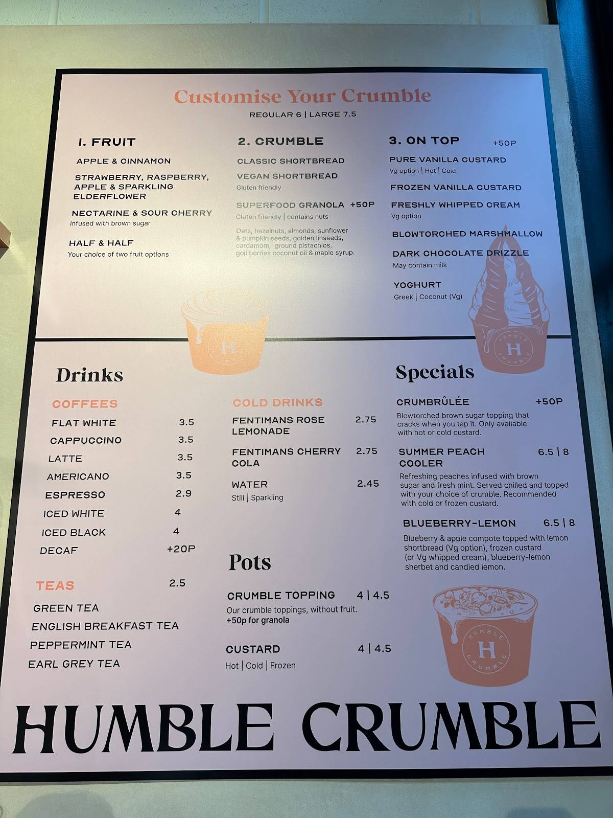 Menu at Humble Crumble restaurant, London, Old Spitalfields Market