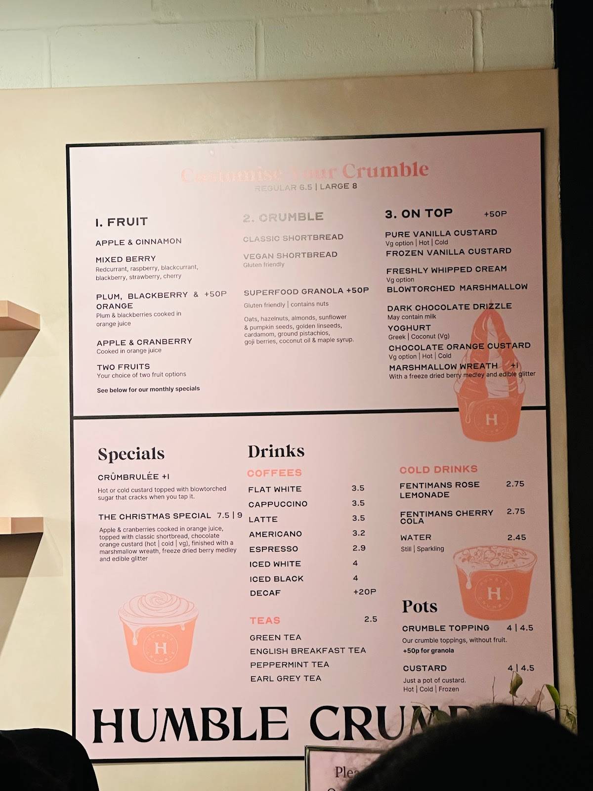 Menu at Humble Crumble restaurant, London, Old Spitalfields Market