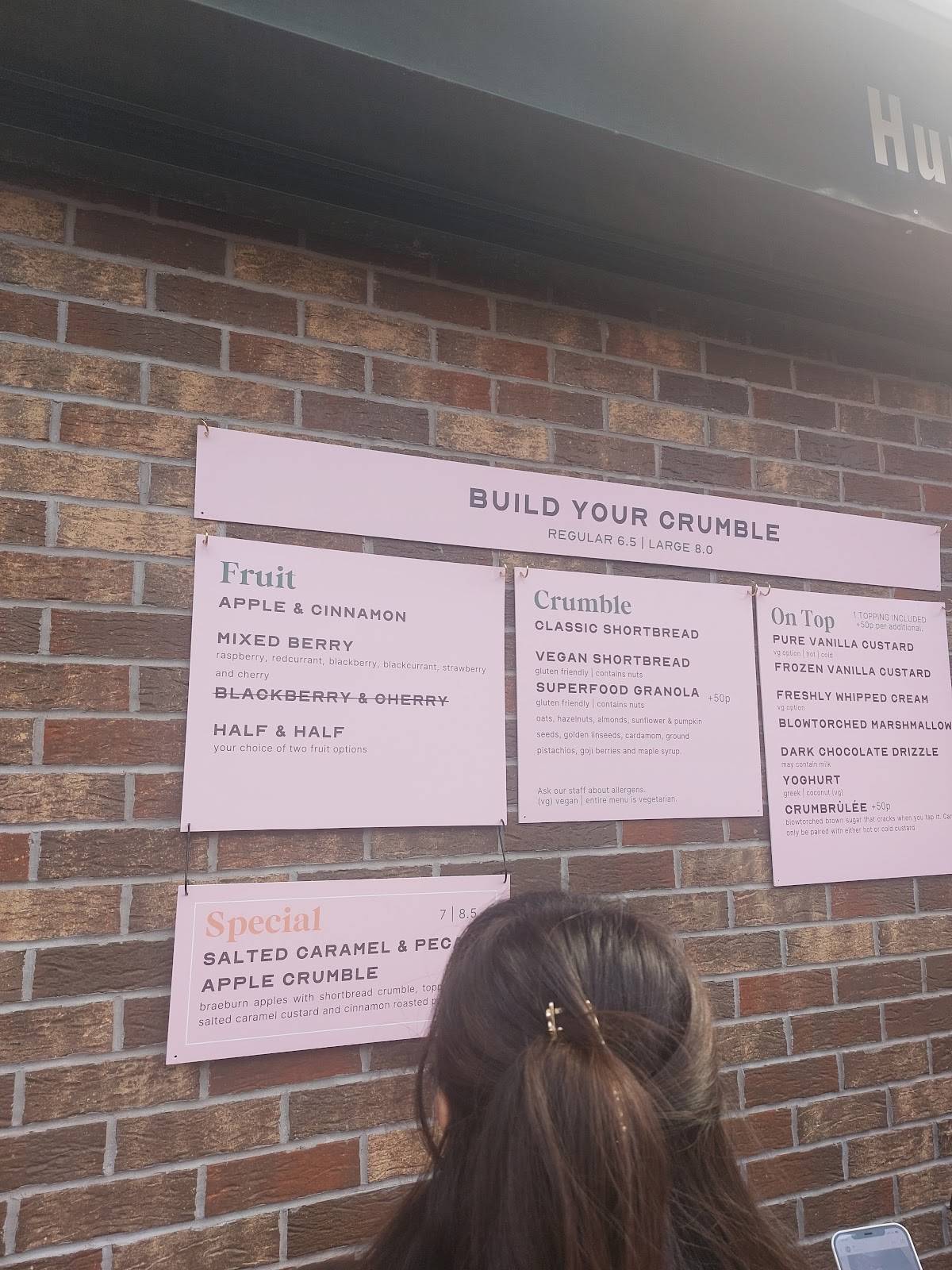 Menu at Humble Crumble restaurant, London, Old Spitalfields Market