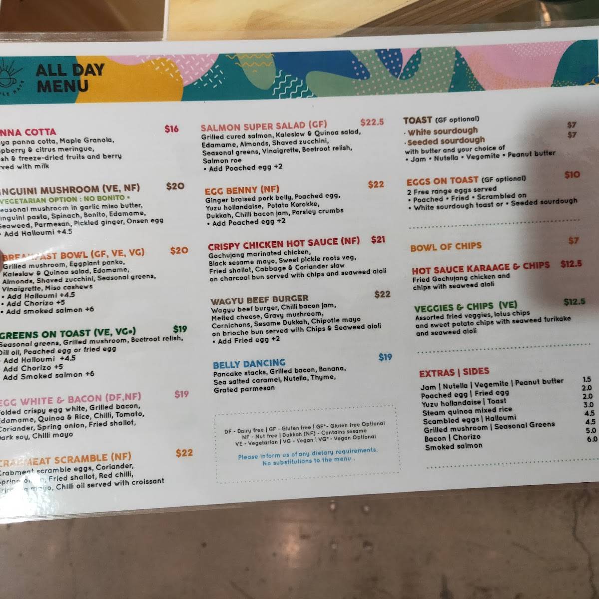 Menu at Humble Rays cafe, Carlton
