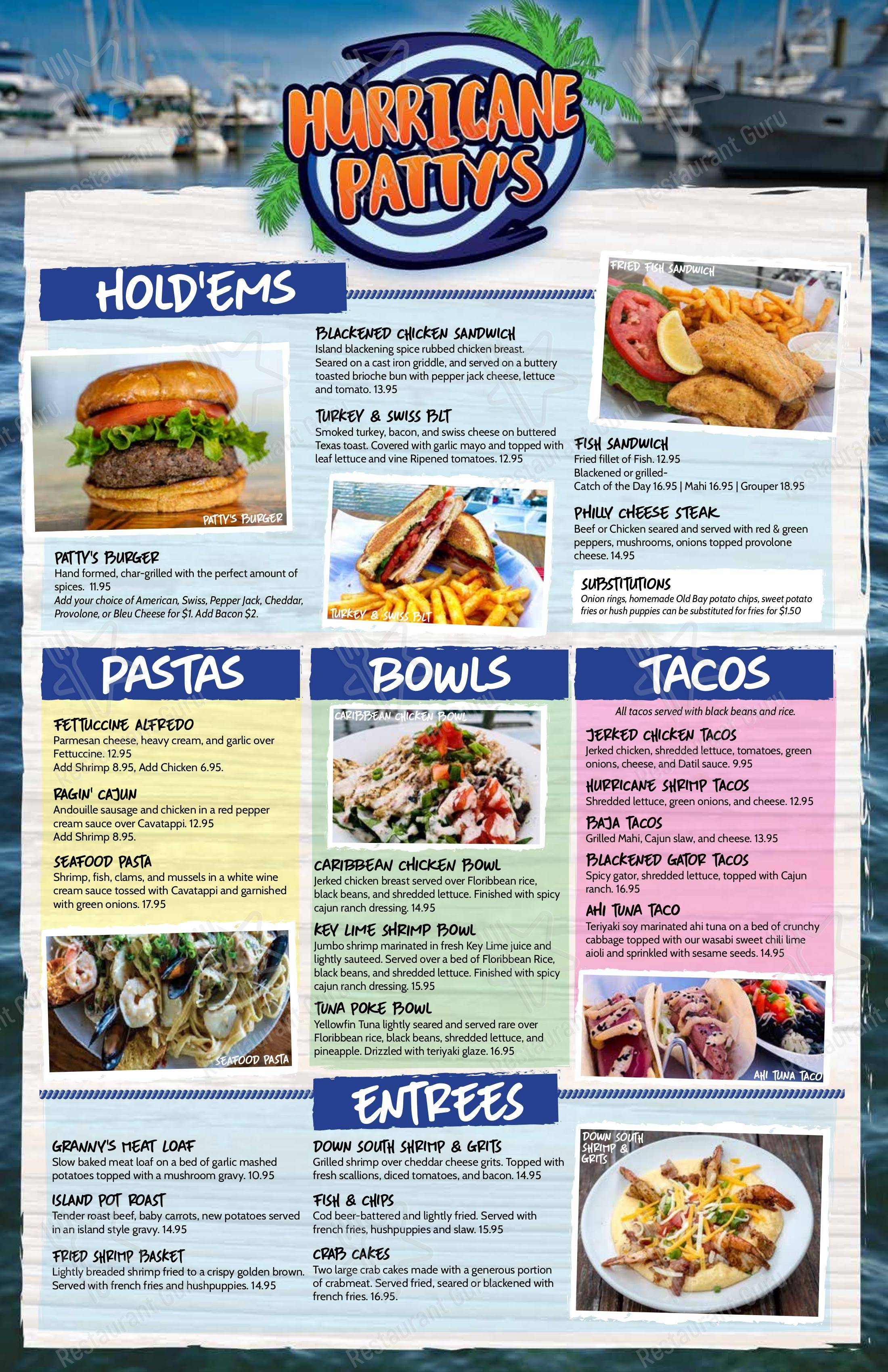 Menu at Hurricane Patty's pub & bar, St. Augustine, 69 Lewis Blvd