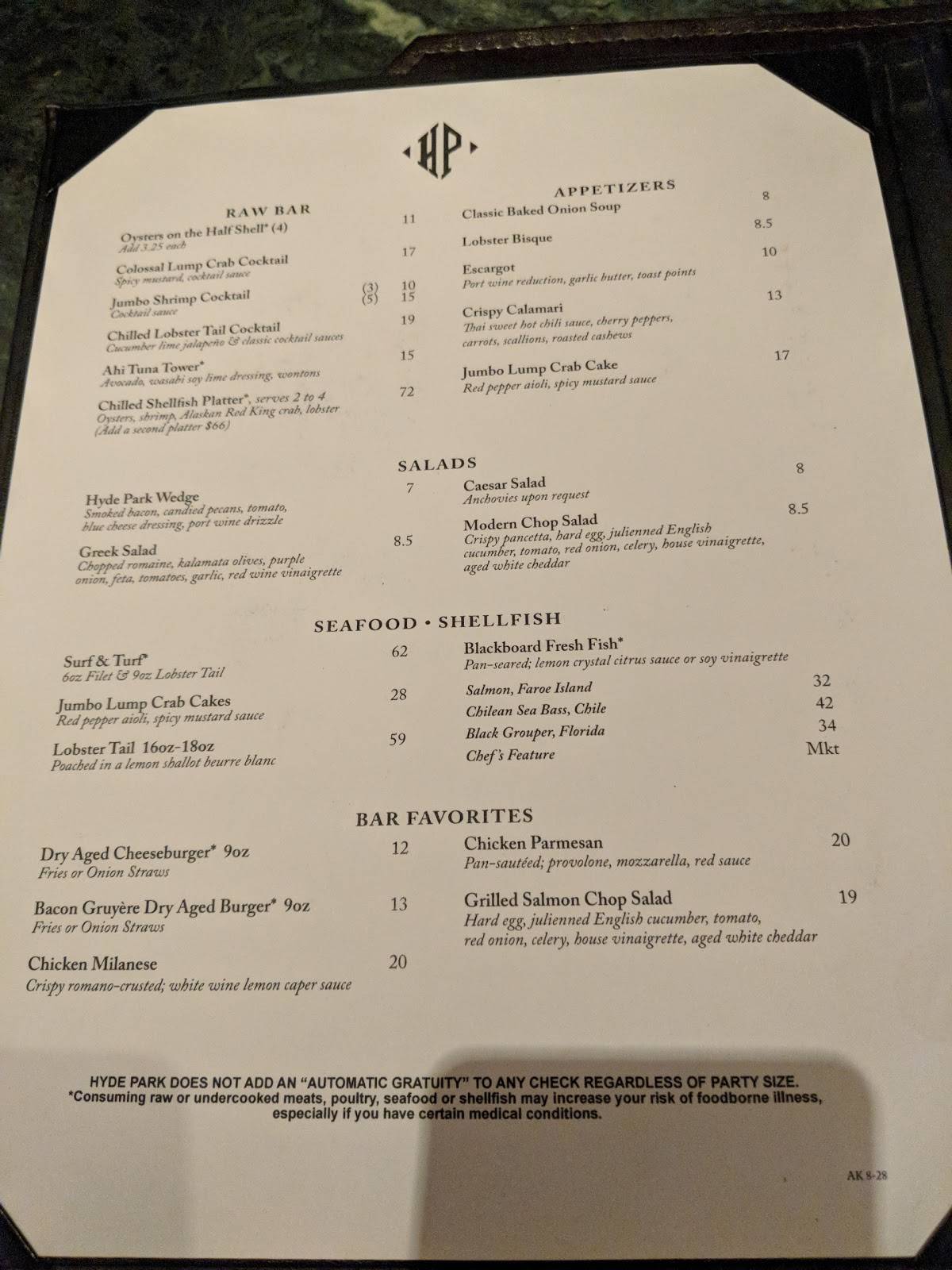 Menu at Hyde Park Prime Steakhouse, Akron