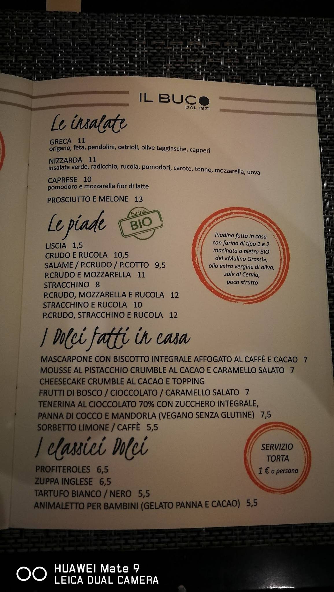 Menu da Il Buco ristorante, Riccione