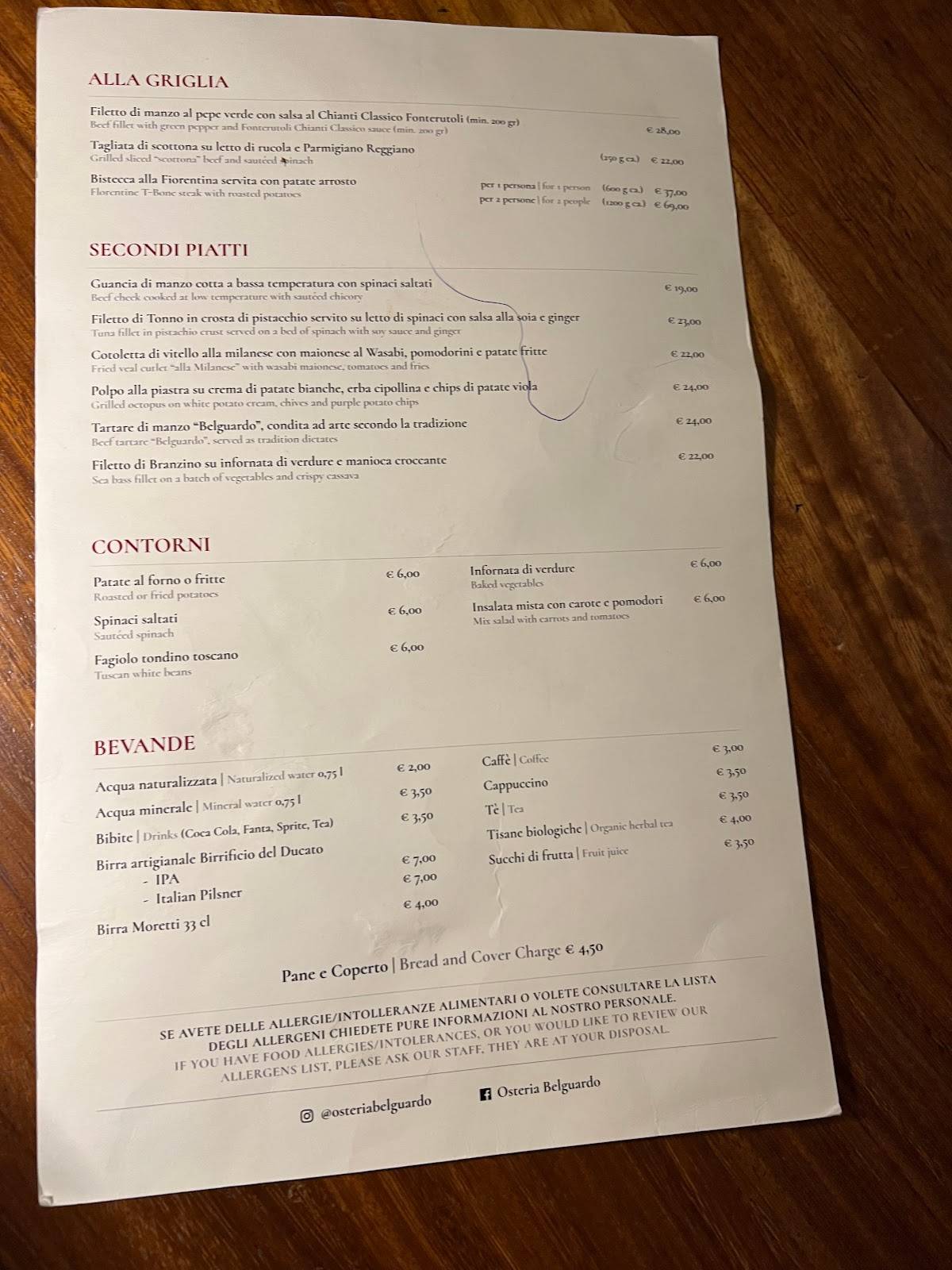 Menu da Il Santo Bevitore ristorante, Firenze, Via Santo Spirito