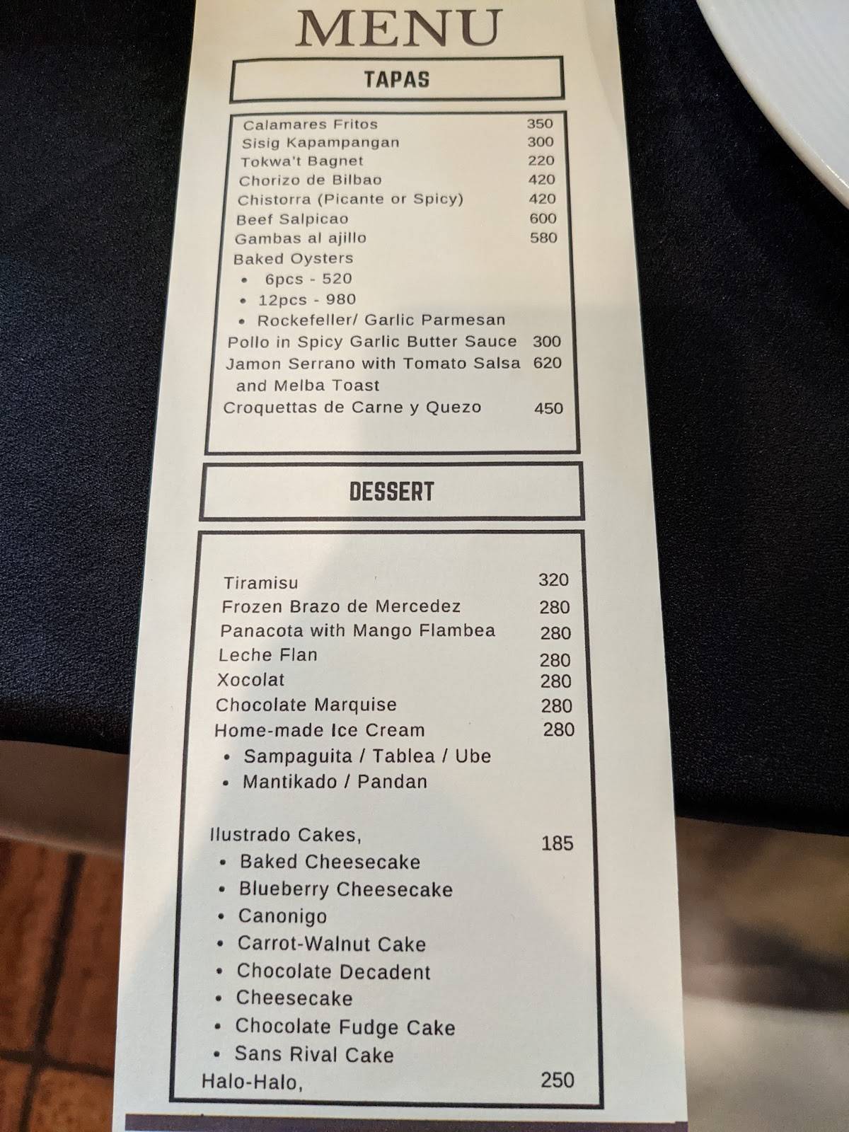 Menu at Ilustrado Restaurant, Manila, two-way