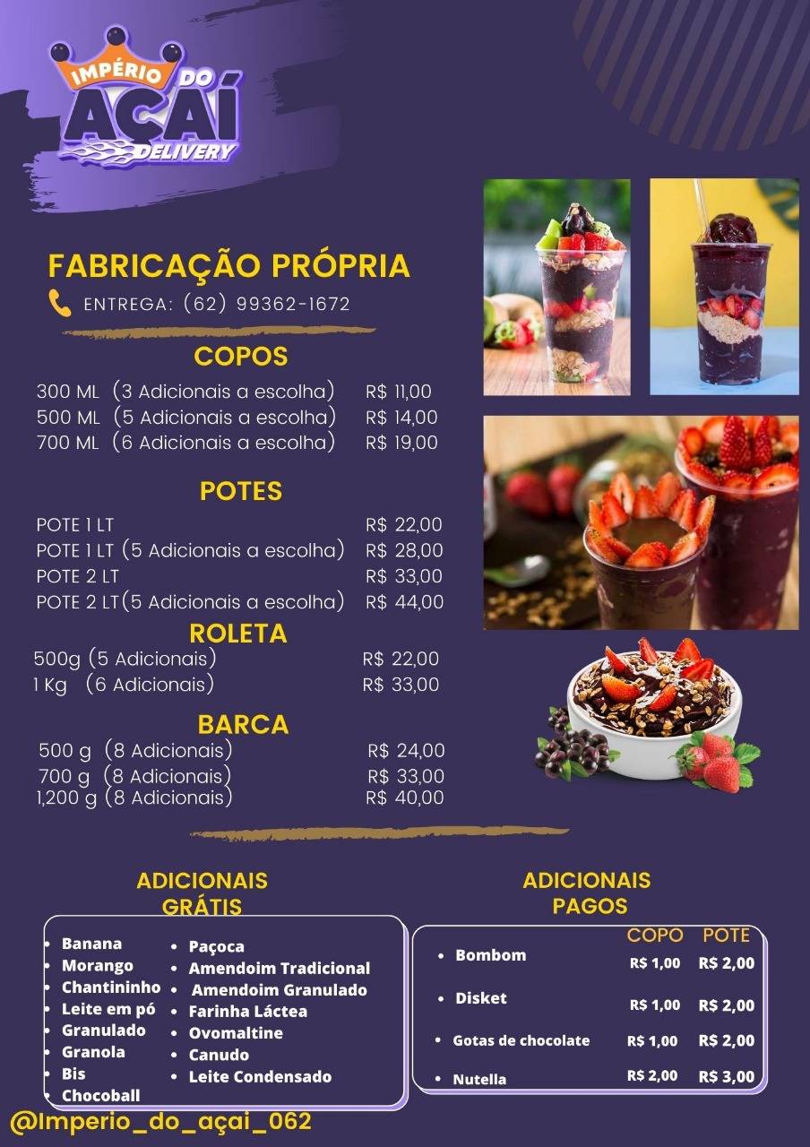 Menu at Império do açaí restaurant, Trindade