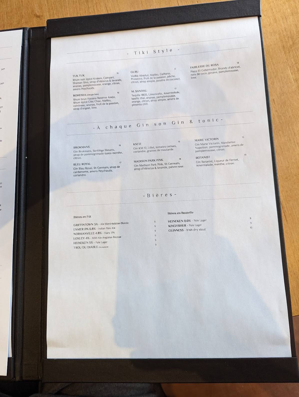 Carta del pub y bar India Rosa, Montréal