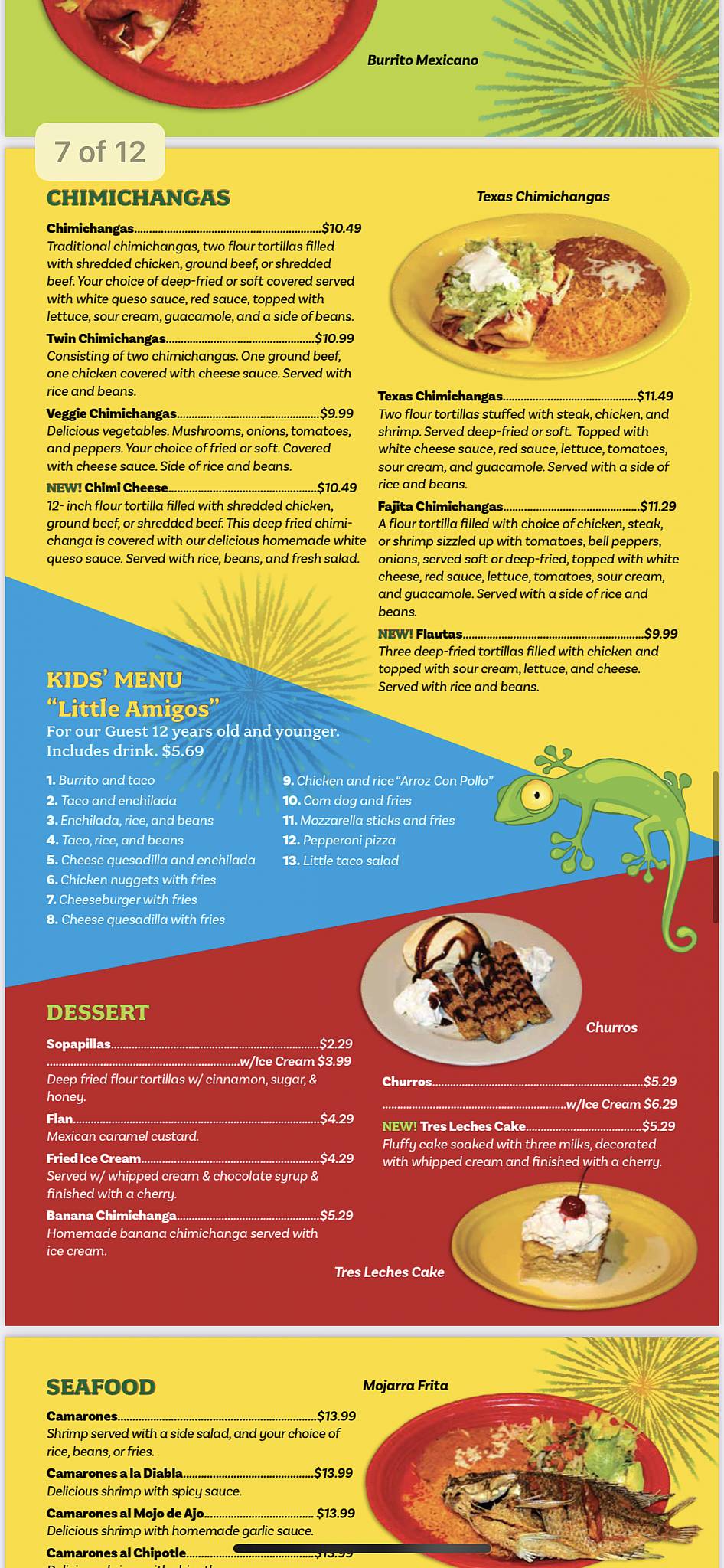 Menu at Iguana's Mexican restaurant, Plainfield