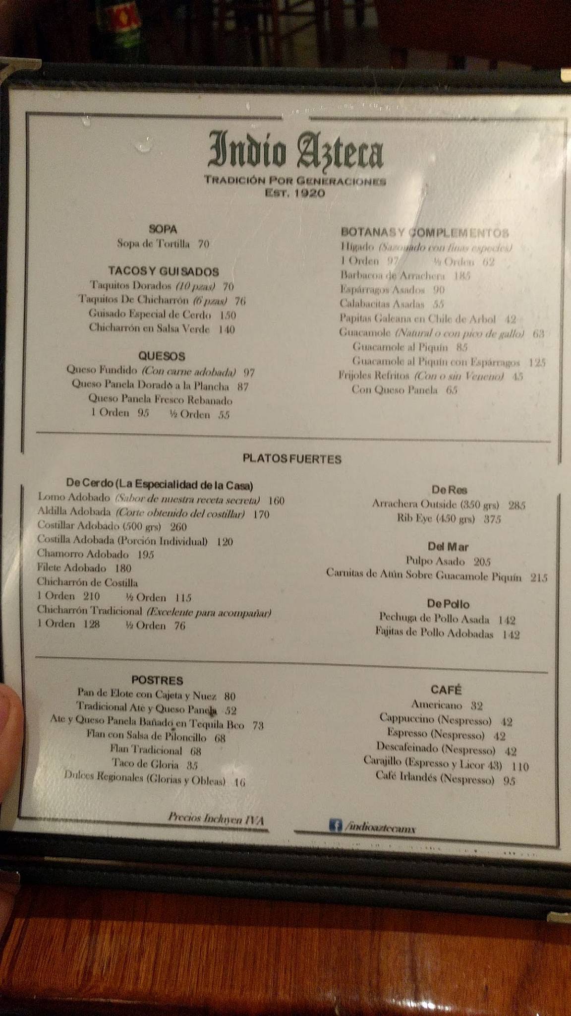 Carta del pub y bar Indio Azteca, Monterrey, Avenida Francisco I ...