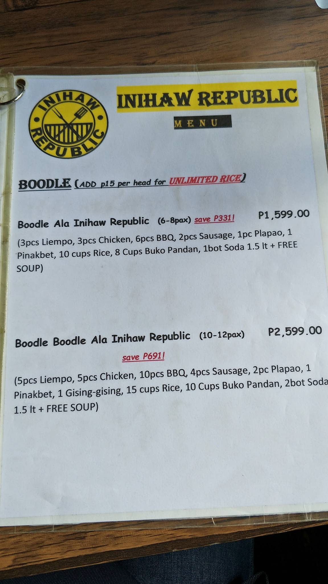 Menu at Inihaw Republic Baguio City, Baguio