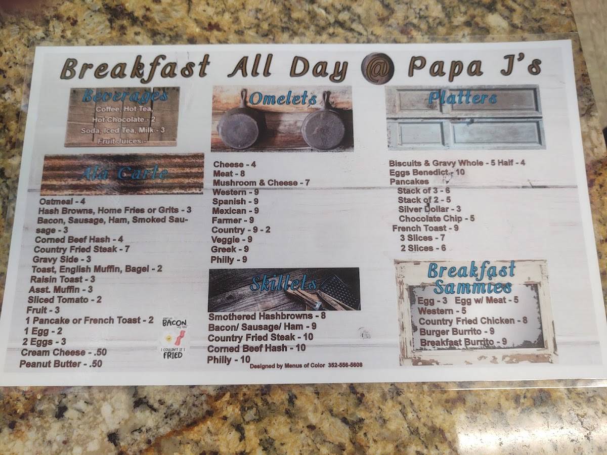 Menu at Papa J's Diner cafe, Inverness, Hwy 44 W