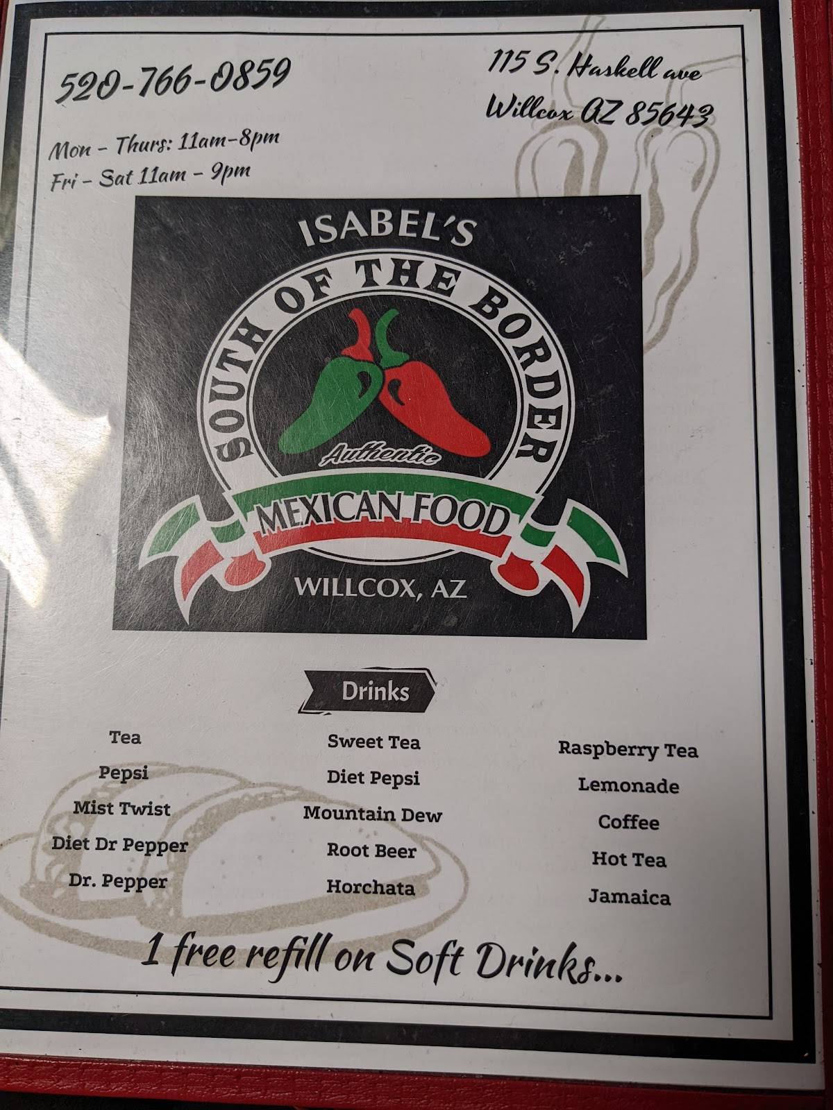 Menu at Isabel's South of the Border restaurant, Willcox