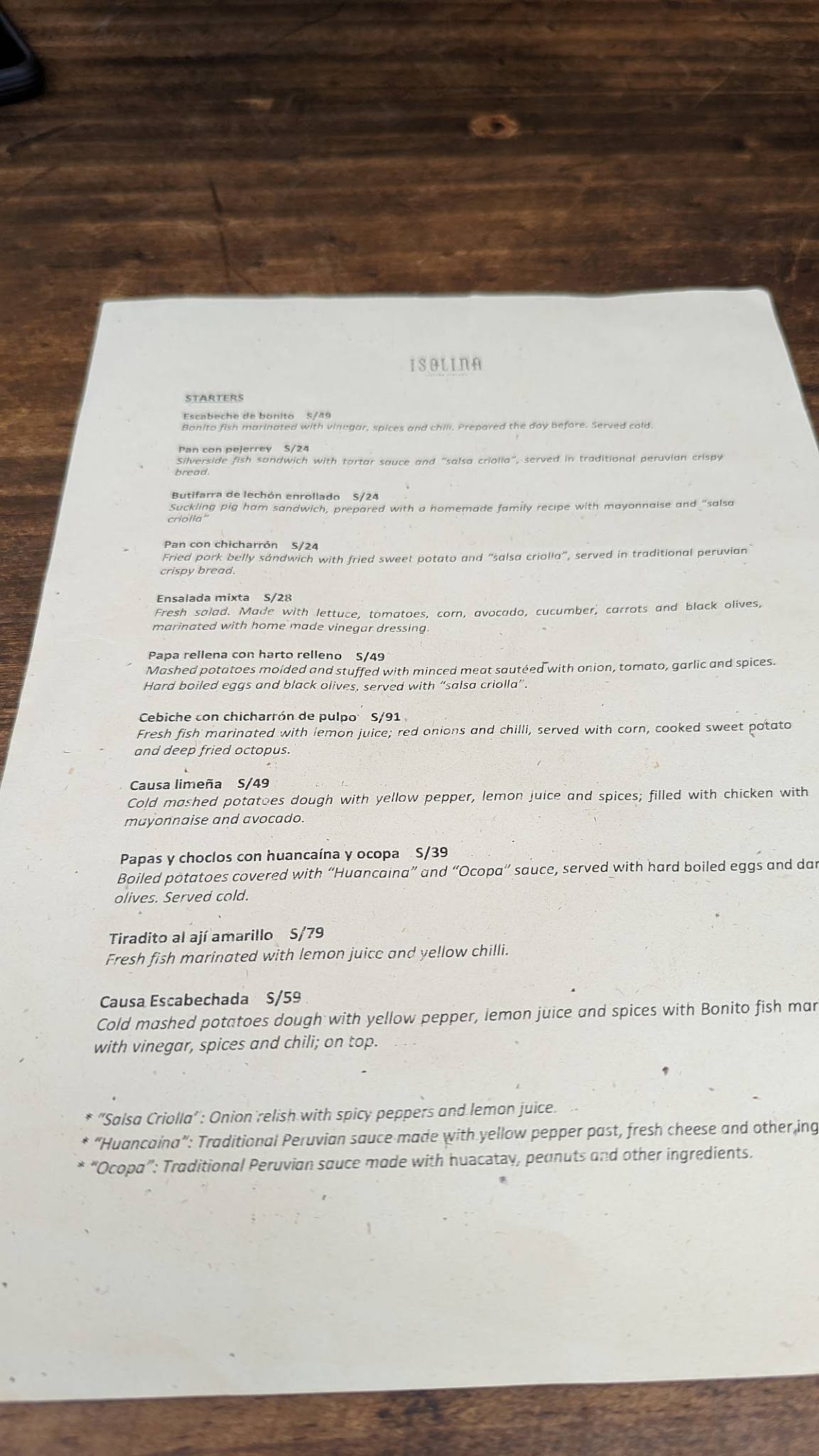 Carta del restaurante Isolina Taberna Peruana, Barranco