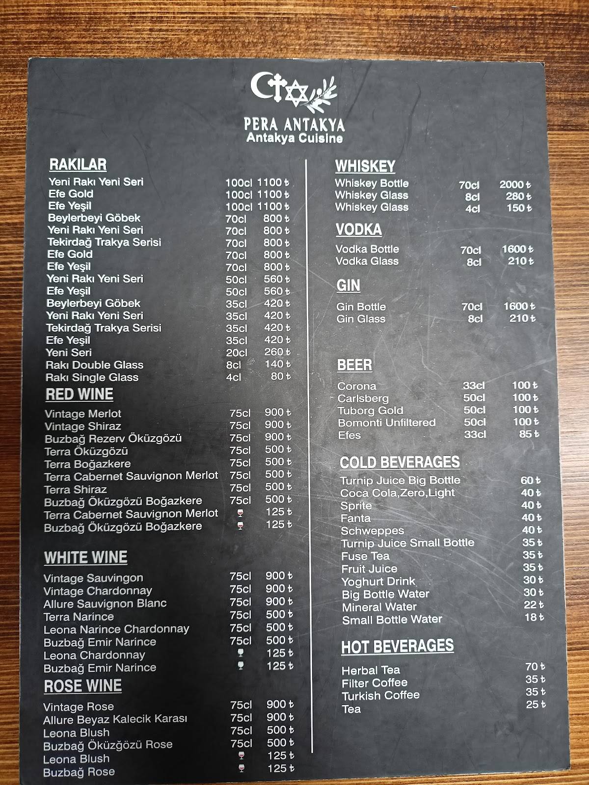 Menu at Pera Antakya, Istanbul