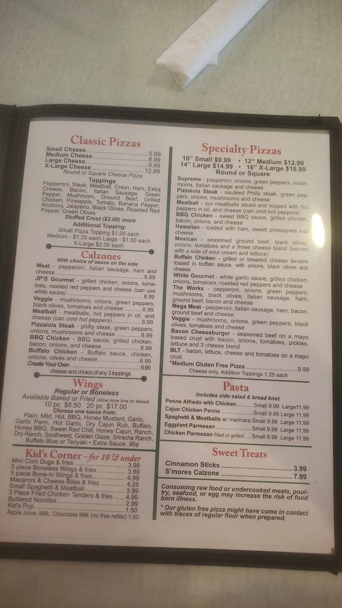 Menu at JP's Pizzeria & Grill, Calcutta