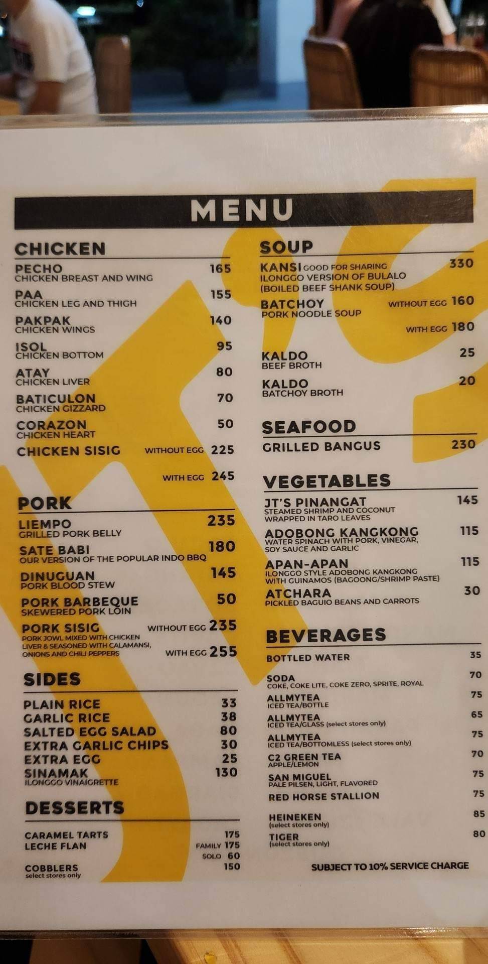 Menu at JT's Manukan Grille - SOMO restaurant, Bacoor