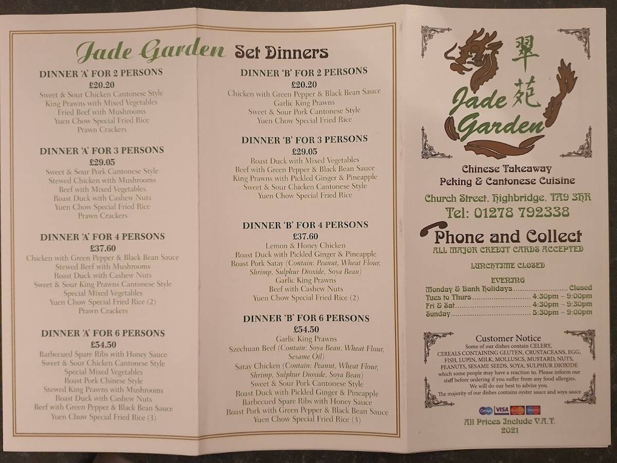 Menu at Jade Garden fast food, Highbridge