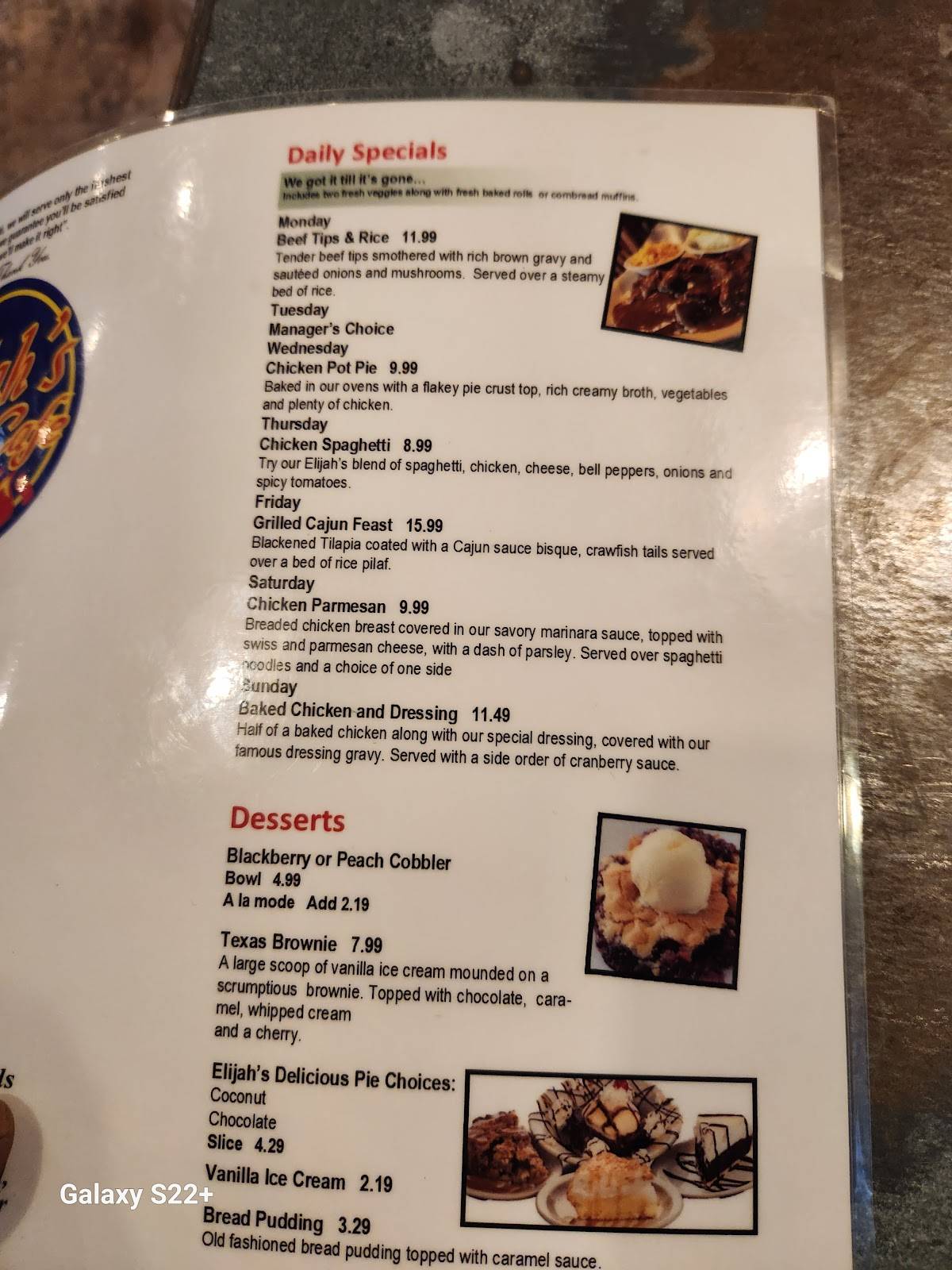 Menu at Elijah's Cafe, Jasper, 201 W Gibson St