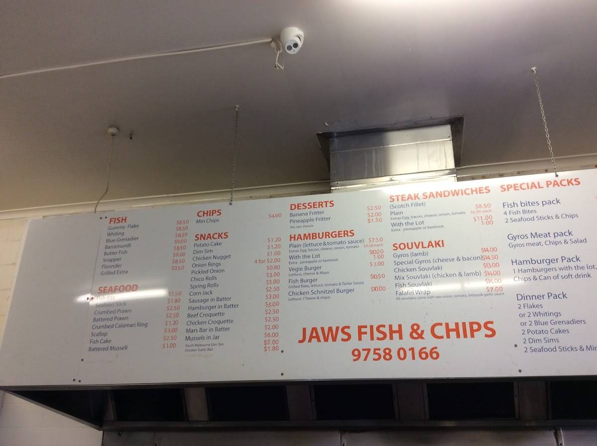 Menu at Jaws Fish & Chips fast food, Ferntree Gully, 2/79 Glenfern Rd