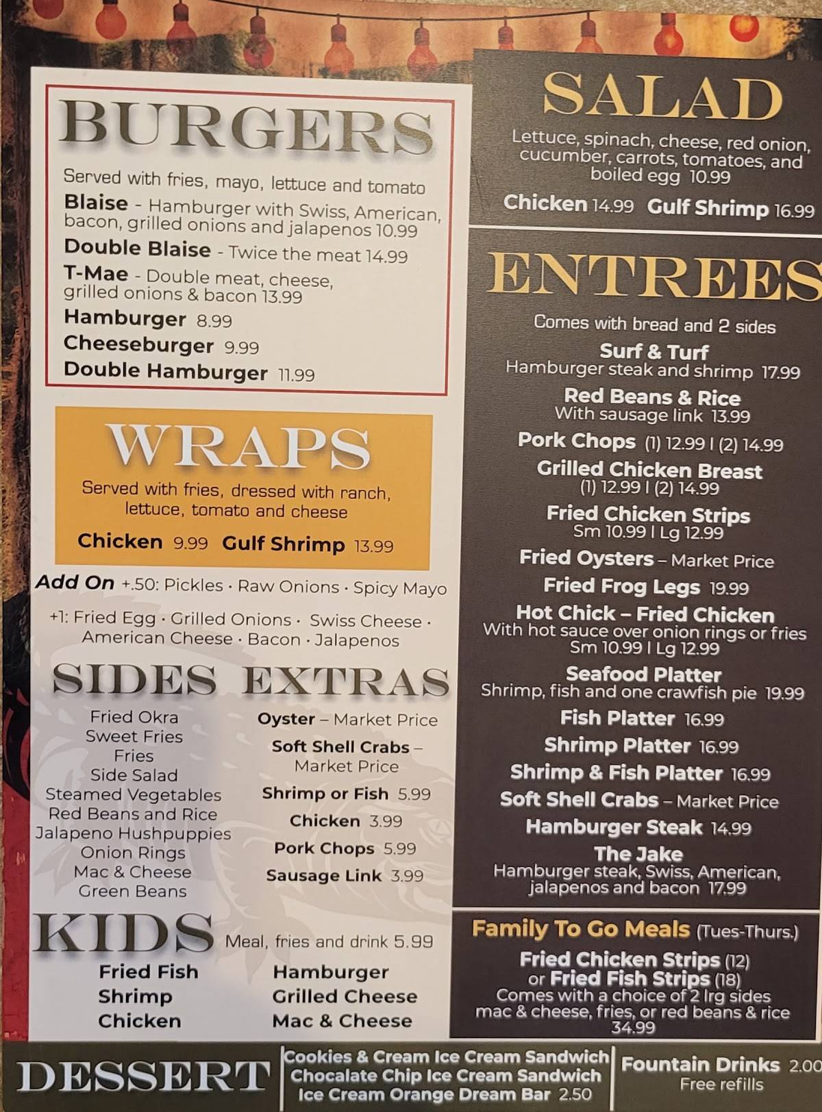 Menu at Jeaux Biffs restaurant, Breaux Bridge