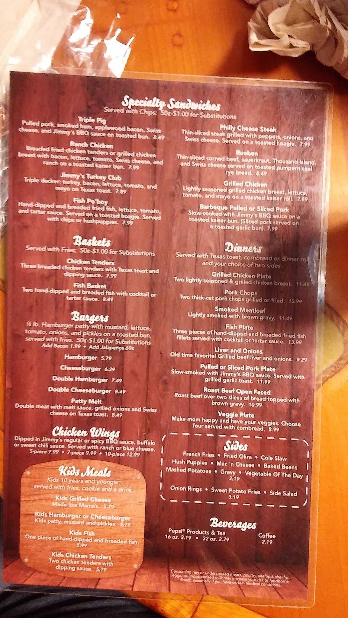 Menu at Jimmy's Grill restaurant, Molino, US-29