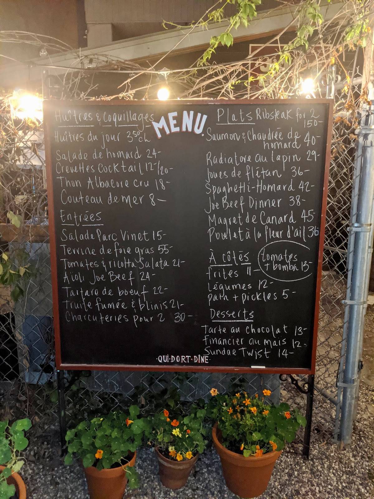 Menu at Joe Beef steakhouse, Montréal