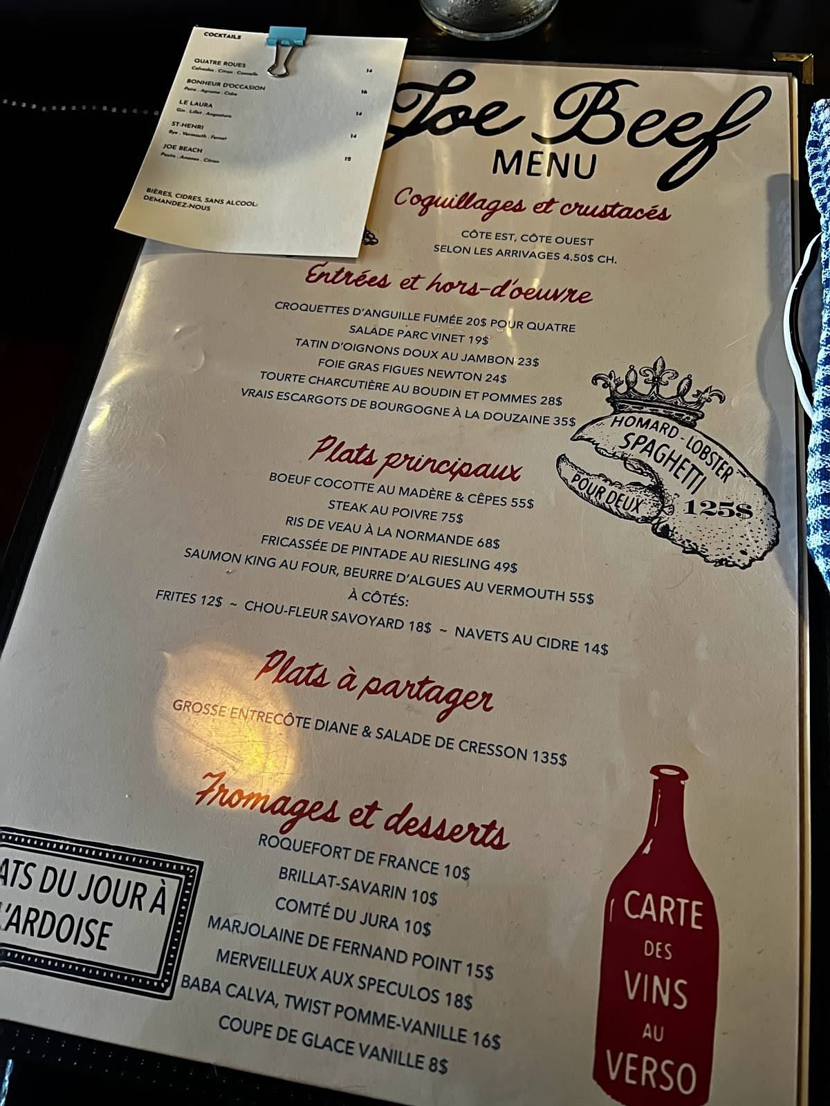Menu at Joe Beef steakhouse, Montréal