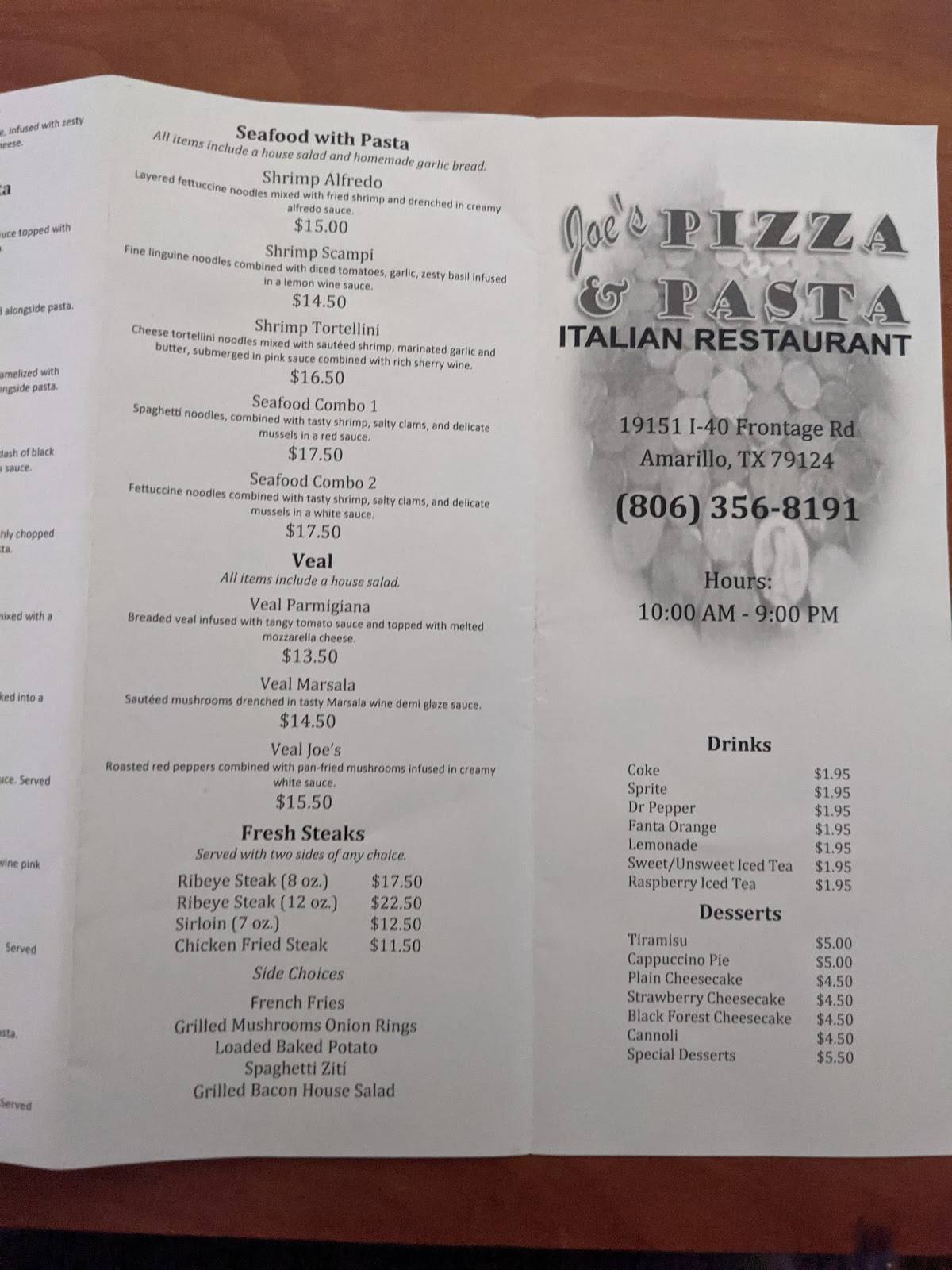 Menu at Joe's Pizza & Pasta restaurant, Bushland