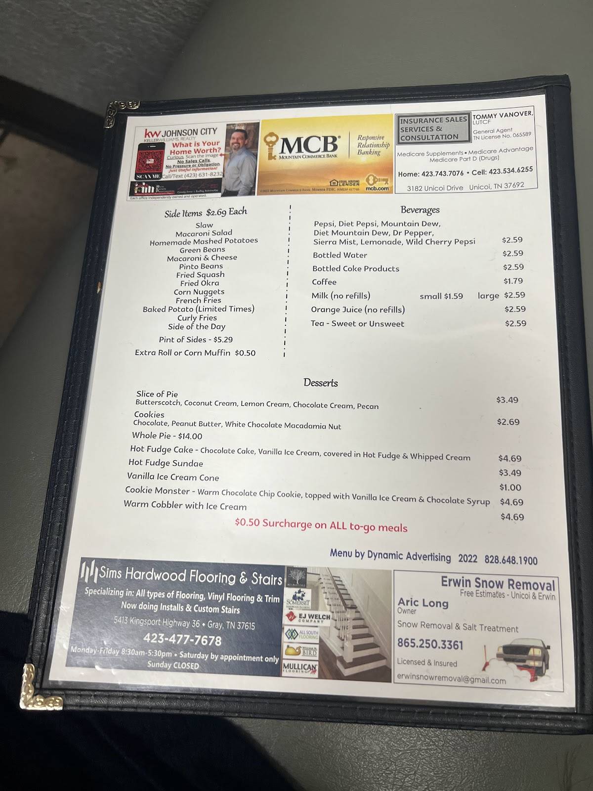 Menu at Maple Grove Restaurant, Unicoi