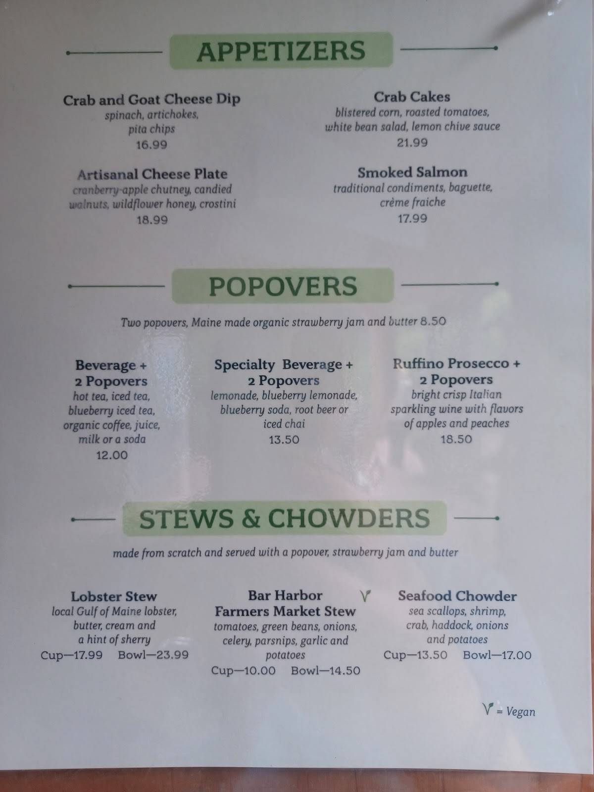 Menu at Jordan Pond House Restaurant, Mount Desert, Park Loop Rd