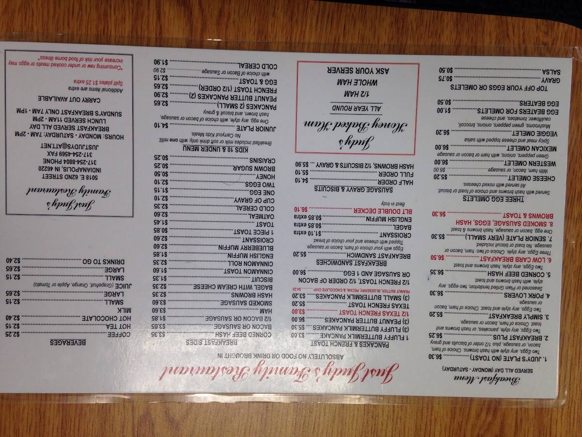 Menu at Just Judy's Restaurant, Indianapolis, E 62nd St